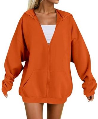 Minetom Sweat A Capuche Femme Zipp&eacute; Oversize Couleur Unie Veste Sweatshirt avec Poches &Agrave; Manches Longues Hoodie D&eacute;contract&eacute;s Sport Casual A Orange XL