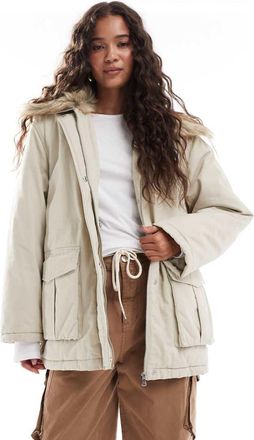 Miss Selfridge Parka avec col en fausse fourrure - Taupe-Neutre