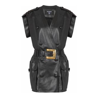 Balmain Kurzes- geg&uuml;rtetes Kleid aus Lammleder - - Dresses - Damen - Schwarzk - M