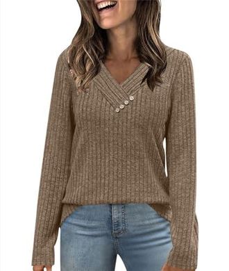 Generic Femmes Printemps Automne Mode &Eacute;l&eacute;gant Bouton Col en V T-Shirt Ample Pull Business Casual Confort Doux Sweatshirt Tops, marron, XXL