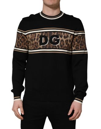 Dolce & Gabbana Mens Leopard-Print Wool Crew Neck Sweater Black Virgin Nylon