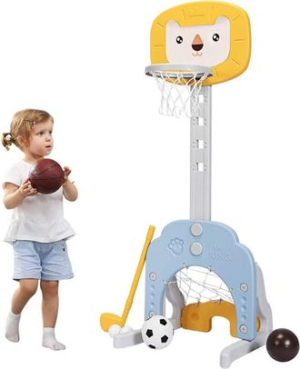 Costway 3 in 1 Kinder Spielplatz, h&ouml;henverstellbarer Basketballkorb & Fu&szlig;balltor & Golf, Basketballst&auml;nder inkl. B&auml;lle und Golf Club, Korbanlage f&uuml;r