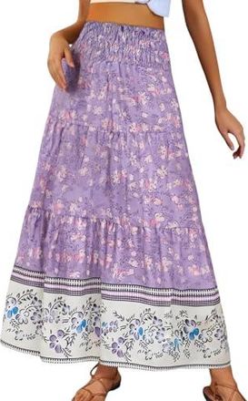 Generic Robes boh&egrave;me 2026 pour femmes, jupes longues boh&egrave;mes fluides, taille haute, trap&egrave;ze, maxi &eacute;t&eacute; pliss&eacute;e, mini, violet, XL