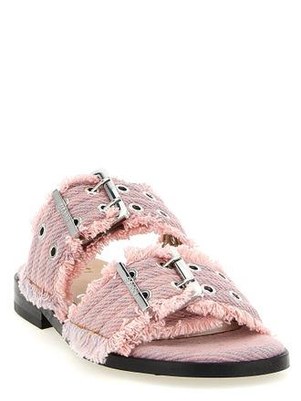 Ganni Buckle Fringed Denim Sandals - Pink