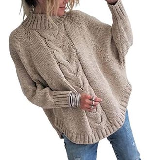 Generic Chandail surdimensionn&eacute; &agrave; col roul&eacute; et manches chauve-souris pour femme, coupe d&eacute;contract&eacute;e, pull en tricot torsad&eacute; &eacute;pais, pour usage quotidien, trava