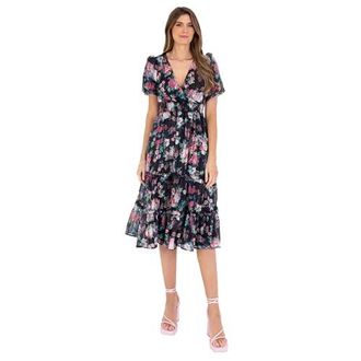 Lovedrobe Womens Ladies Midi Dress V-Neck Short Puff Sleeve Wrap Shirred Waist Floral Print Ruffle Fit and Flare Wedding Guest Noir 48