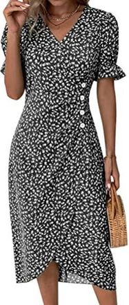 Onsoyours Robes Femme Tunique Cocktail DÉté Manches Courtes Chemisier Chic Élégante Décontractée Boutonné Blouse Sexy Col en V Robe De Plage Ourlet Irrégulier A