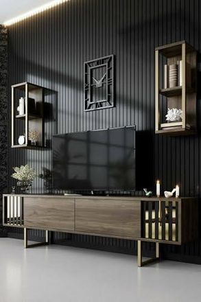 Dmora Fernsehschrank Eunomia, St&auml;nder f&uuml;r Wohnzimmerfernseher, Niedriges Wohnzimmer-Sideboard, TV-St&auml;nderbasis, 180x30h48 cm, Walnuss und Schwarz