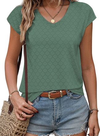 Zeagoo T Shirt Damen V Ausschnitt Kurzarm Blusentop Sommer Elegant Luftig Lochstickerei Shirt Gr&uuml;n XXL