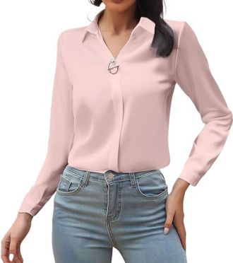 Generic Chemisier &agrave; manches longues pour le travail boutonn&eacute; - Chemisier en satin grande taille pour femme avec boutons et &eacute;paules droites - Chemisier drap&eacute; r