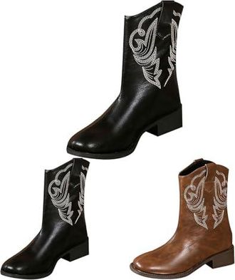 Generic Bottes western mi-mollet de cowboy pour femme, confortables à enfiler à talon bas, bottes épaisses rétro brodées en cuir synthétique pour concert de c