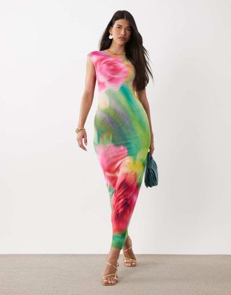 AFRM Mylo - Robe longue en tulle imprim&eacute; fleurs abstrait avec mancherons-multicolore