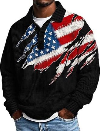 Generic Sweat-shirts pour homme avec imprim&eacute; drapeau des &Eacute;tats-Unis, hauts d&eacute;contract&eacute;s &agrave; manches longues et col &agrave; revers, pull grande taille, doux &agrave; porter, 