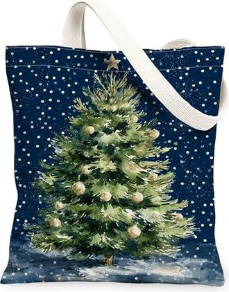 Generic Sac fourre-tout en toile motif sapin de No&euml;l, sacs de courses r&eacute;utilisables, l&eacute;gers et lavables pour cadeaux, voyage, plage, 33 x 38 cm
