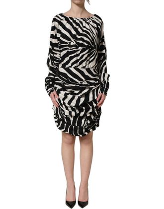 Dolce & Gabbana Womens Black White Zebra Ruched Silk Mini Dress Elastane
