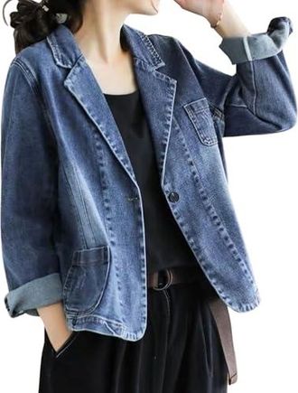 Generic Veste blazer en jean courte pour femme, col crant&eacute;, manches longues, un bouton, coupe slim, bleu, taille M, style business casual, id&eacute;ale pour le prin