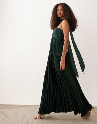 Abercrombie & Fitch Tr&auml;gerloses Plissee-Maxikleid in Dunkelgr&uuml;n mit Schaldetail
