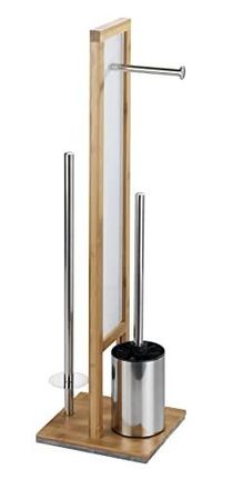 WENKO Combiné WC Rivalta | 3 en 1| Brosse WC et Dérouleur Papier Toilette | Stockage Papier | Tête de Brosse remplaçable | Bambou, Acier INOX et Verre tremp