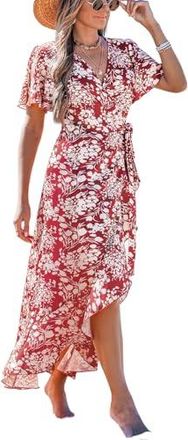 Cupshe Femmes Été Envelopper Robe Longue Occasionnel Diviser Manches évasées Col en V Ditsy Ceinture nouée Ébouriffé Robes de Plage