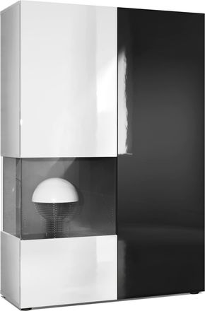 Vladon Vitrine Kommode Hochschrank Morena, Made in Germany, Korpus in Wei&szlig; matt/Rechte T&uuml;r und der Einsatz in Schwarz Hochglanz