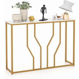 Costway Konsolentisch, Eingangstisch schmal Marmor Optik, Sofatisch mit geometrischem Metallrahmen, Beistelltisch Gold + Wei&szlig;, 110 x 30 x 80 cm, f&uuml;r