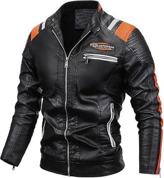 Generic Veste en cuir pour homme avec col montant - Veste de moto r&eacute;tro classique en cuir synth&eacute;tique - Couleur contrast&eacute;e - Veste de motard avec poches &agrave; fer