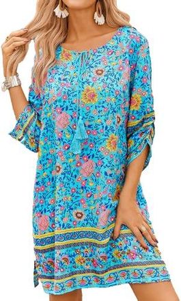 Zeagoo Robe dété pour femme - Style bohème - Manches 3/4 - Tunique - Mini robe ample - Robe décontractée, bleu, XL