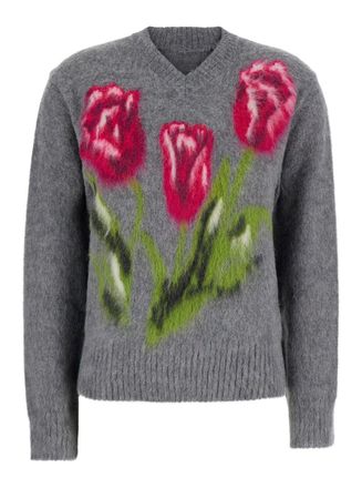 Maison Margiela Floral-Intarsia Wool-Alpaca Blend Sweater - Gray