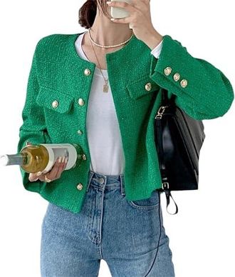 Generic Blazer Court décontracté pour Femme, idéal pour lautomne et lhiver, avec Un col Rond élégant et Une Tenue Business Casual