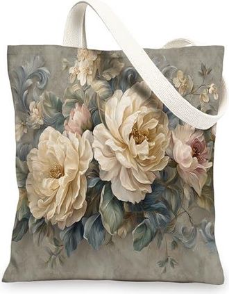 Generic Sacs fourre-tout en toile à motif floral élégant, sacs dépicerie réutilisables, style vintage, légers et lavables, sacs en toile pour salle de sport, 