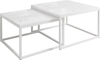 Lukmebel Yoshi 2 in 1 Set 2-er Set Weiß Hochglanz HG Couchtisch Tisch Wohnzimmertisch moderner Kaffeetisch Sofatisch Beistelltisch Wohnzimmer Metall Metallrahm