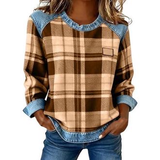 Generic Sweat en Denim Patchwork Femme Fashion Manches Longues Pull-Over Col Rond Couleur Unie Top Haut Streetwear Grandes Tailles Vetement pour Printemps Aut