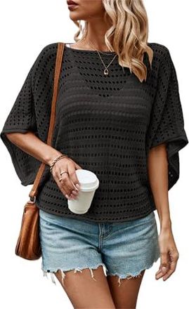 Generic Haut d&eacute;t&eacute; &agrave; manches courtes en crochet pour femme, pull d&eacute;t&eacute; l&eacute;ger &agrave; manches courtes, cache-maillot de plage, Noir, XL