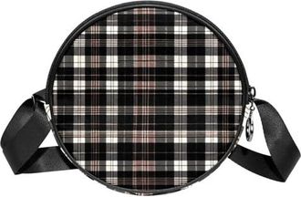 Generic Sac &agrave; bandouli&egrave;re Circle pour femme, petit sac &agrave; bandouli&egrave;re r&eacute;tro noir &agrave; motif &eacute;cossais avec fermeture &eacute;clair, bretelles r&eacute;glables, sac &agrave; main rond d