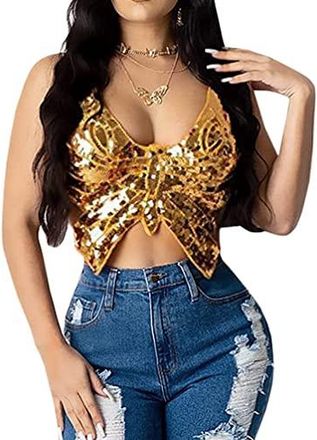 Minetom Femme Sexy Brillant Paillettes Haut T-Shirt Crop Top Chemise Blouse Slim Fit Danse Papillon Tops pour Soirée Club A Or L
