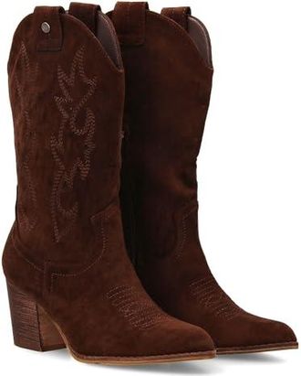 Shoes & Blues Bottes de campagne avec talon, confortables, broderies en cana et empeigne, style jean fermeture éclair, idéales automne hiver, marron, 40 EU