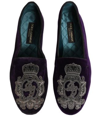 Dolce & Gabbana Mens Purple Velvet Crown Embroidery Loafers Shoes Leather