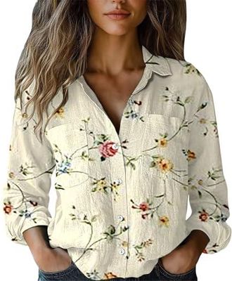 Generico Chemise Femme d&Eacute;t&eacute; D&eacute;contract&eacute; &agrave; Manches Longues Chemises Coton Et Lin &Eacute;l&eacute;gant Respirant Blouse Col en V L&eacute;ger T Shirt Vintage Imprim&eacute; avec Boutons Mo