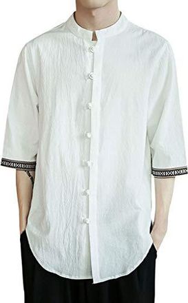 Generic Hommes &Eacute;t&eacute; D&eacute;contract&eacute; Pure Color Linen Three Quarter Sleeve Shirts Tops Chemise &agrave; pois Hommes, Blanc., XL