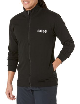 BOSS Herren Kontrastierendem Logo, Baumwolle, Durchgehender Rei&szlig;verschluss Sweatshirt, Schwarz (Black Thunder), S