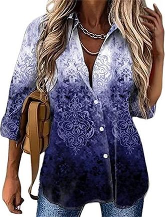 Onsoyours Chemisier Femme Col V Floral Imprimé Blouse Élégant Haut Manches Longues Boutons Tunique Ample Fluide Eté Plage T-Shirt Femme Tops Décontracté E Bleu 