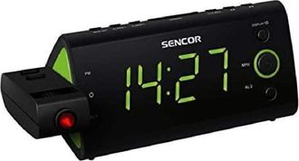 Sencor SRC 330 GN Radiowecker mit Zeitprojektion, Thermometer und Kalender, Digitale Anzeige von Uhrzeit und eingestellter Frequenz, PLL FM-Radio mit 10 Send