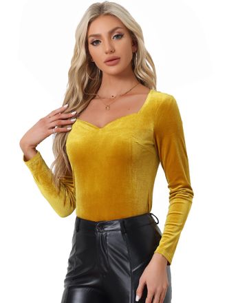 Allegra K Damen Samt Oberteil Langarm Herzausschnitt Elegantes T-Shirt Velvet Top Bluse Gelb L