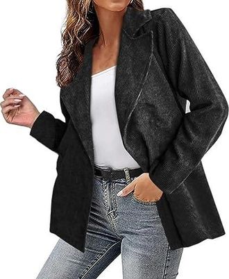 Generic Vestes en velours côtelé pour femme - Blazer décontracté en tricot côtelé surdimensionné à manches longues - Revers cranté ouvert sur le devant - Vest