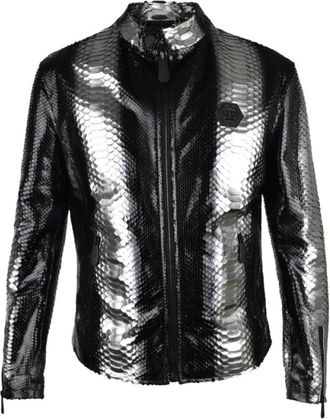 Philipp Plein Homme, Vestes, Gris, Taille: XL Python Leather Moto Jacket