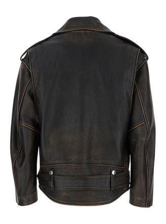 Alexander McQueen Womens Antiqued Brown Biker Jacket With Wide Lapels Cow Coat