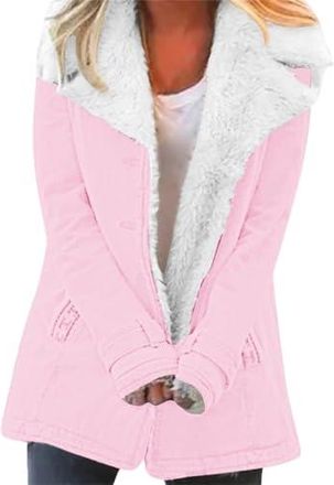Generic Veste chaude doublée en peluche pour femme - Col à revers - Tendance - Avec boutons composites - Coupe-vent dhiver, rose clair, 3XL