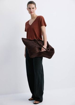 Mango T-shirt lin col V rouge-orang&eacute; - Femme - XXS - MANGO