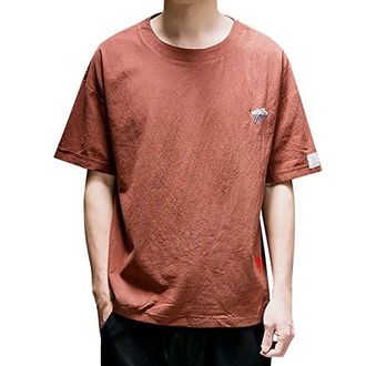 Generic Chemise en lin &agrave; manches courtes pour homme - En coton l&eacute;ger - Polo pour homme - Coupe ajust&eacute;e - Blanc - Pull &agrave; col rond - Polo coupe ajust&eacute;e, caf&eacute;, 4