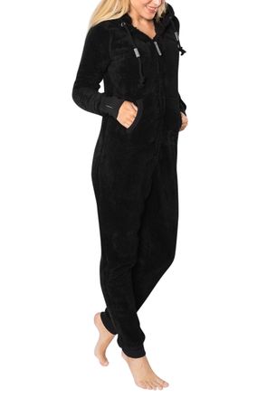 Eight2Nine Damen Teddyfleece Jumpsuit mit Kapuze und &Ouml;hrchen, Flauschiger Overall mit Daumenl&ouml;chern, kuschelig bequemer One-Piece f&uuml;r entspannte Stunden, schwarz